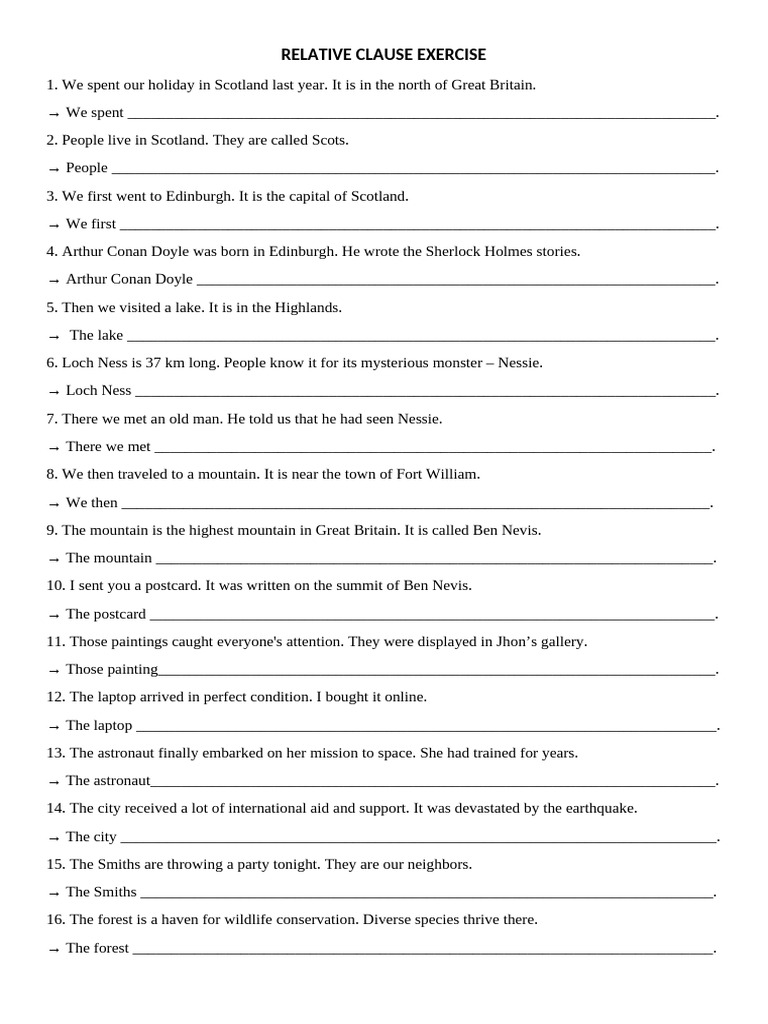 RELATIVE CLAUSE REWRITE EXERCISE | PDF | Loch Ness Monster | Scotland