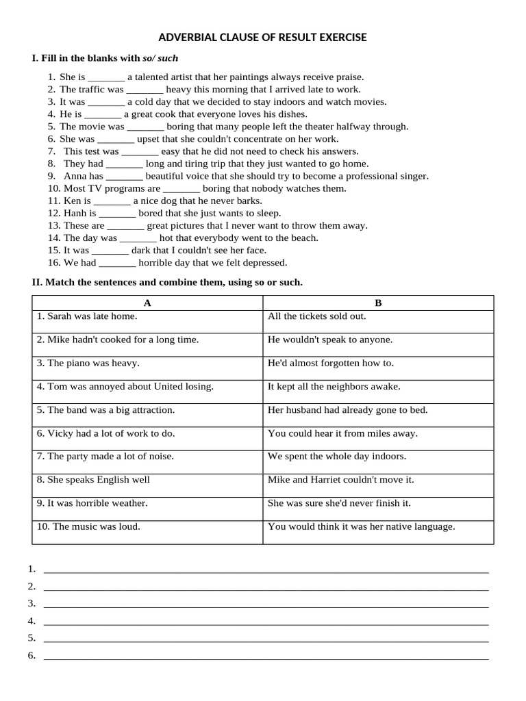 Adverbial Clause of Result Exercise | PDF
