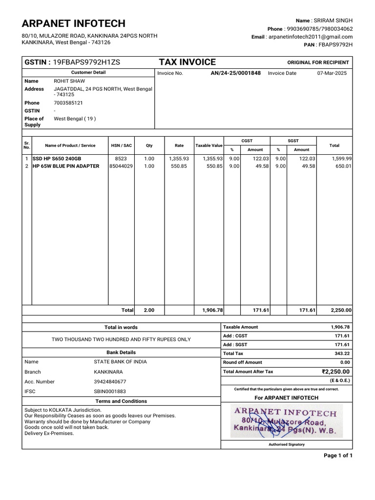 Invoice_AN-24-25-0001848-ROHIT-SHAW-ROHIT-SHAW-02-57-38 | PDF ...