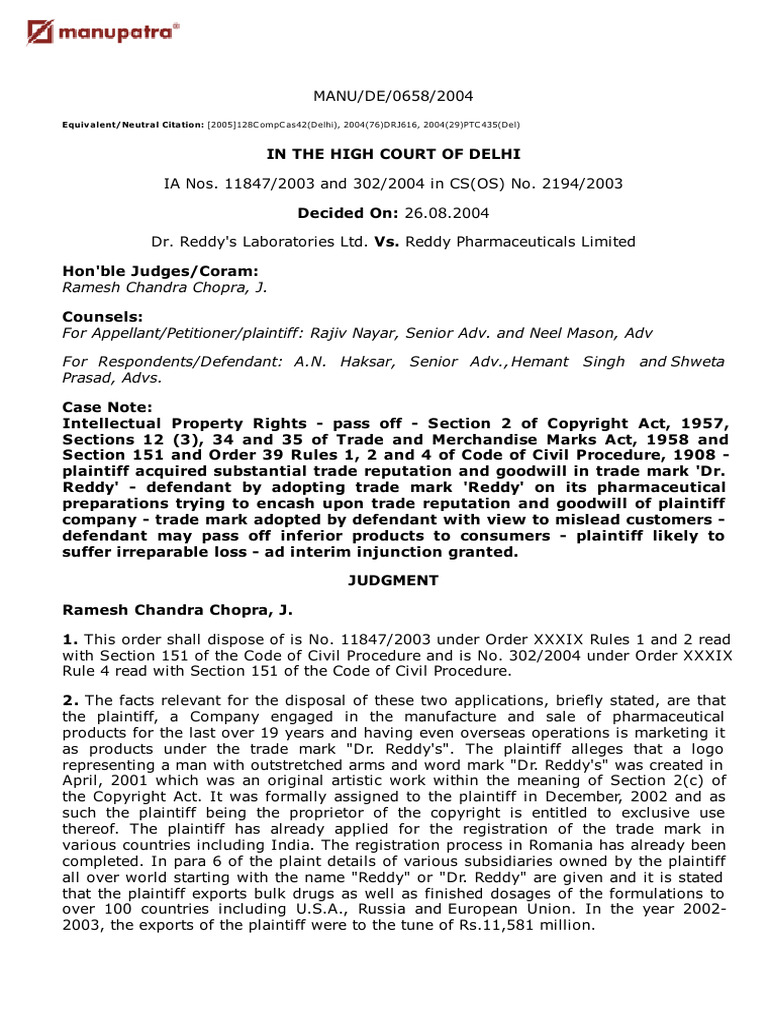 DR Reddys Laboratories LTD Vs Reddy Pharmaceuticald040626COM806648 ...