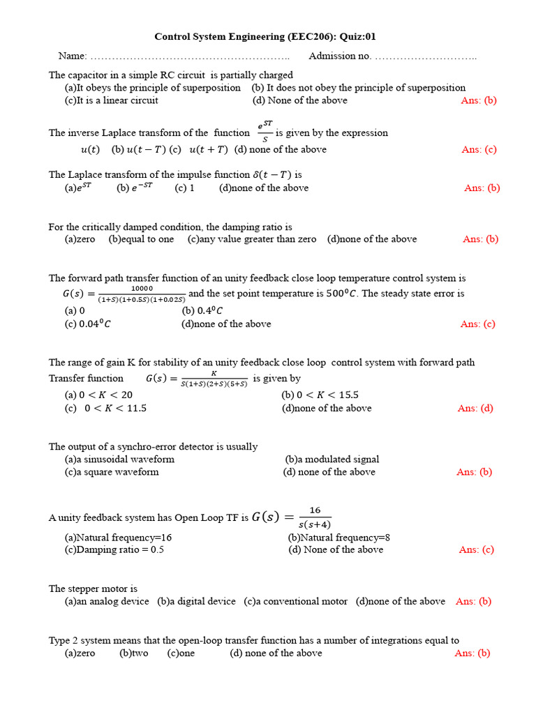 Control System Engineering Quiz 1 | PDF | Electrical Engineering ...