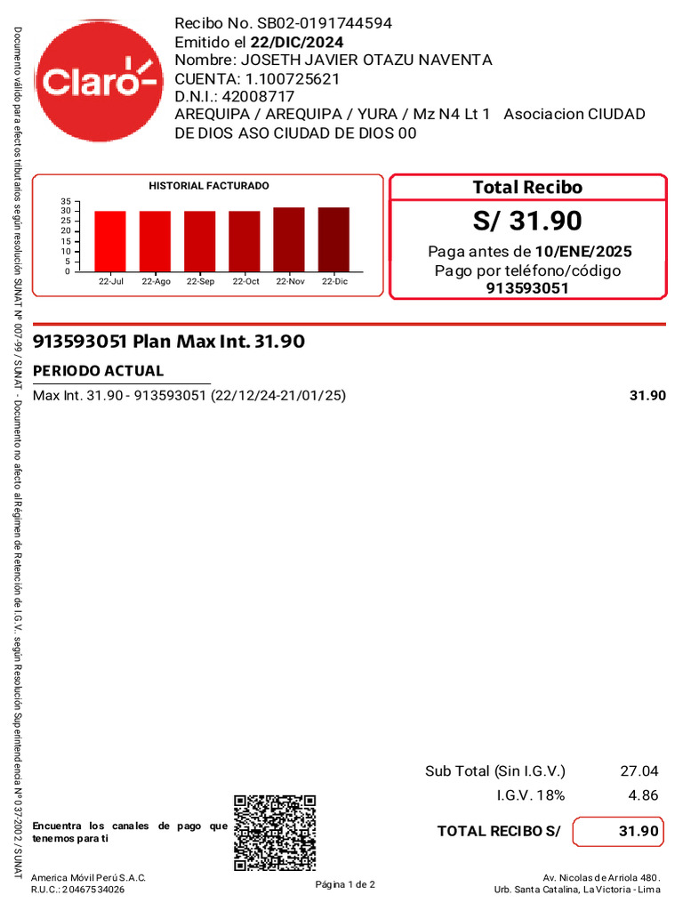 Recibo de Pago Claro: S/ 31.90 | PDF