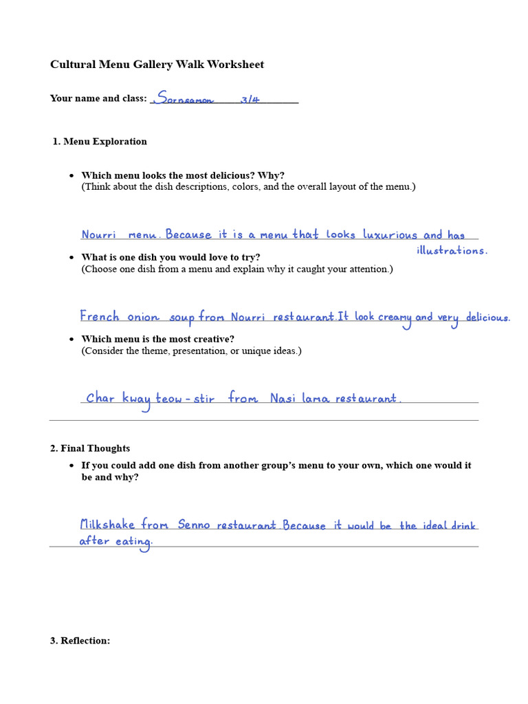 Cultural Menu Gallery Walk Worksheet | PDF