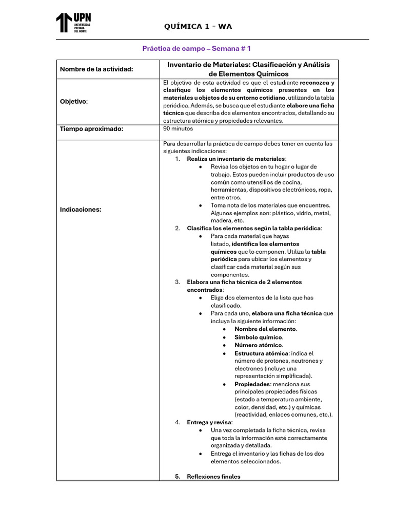 PRÁCTICA DE CAMPO_SEM1 | PDF | Química | Átomos