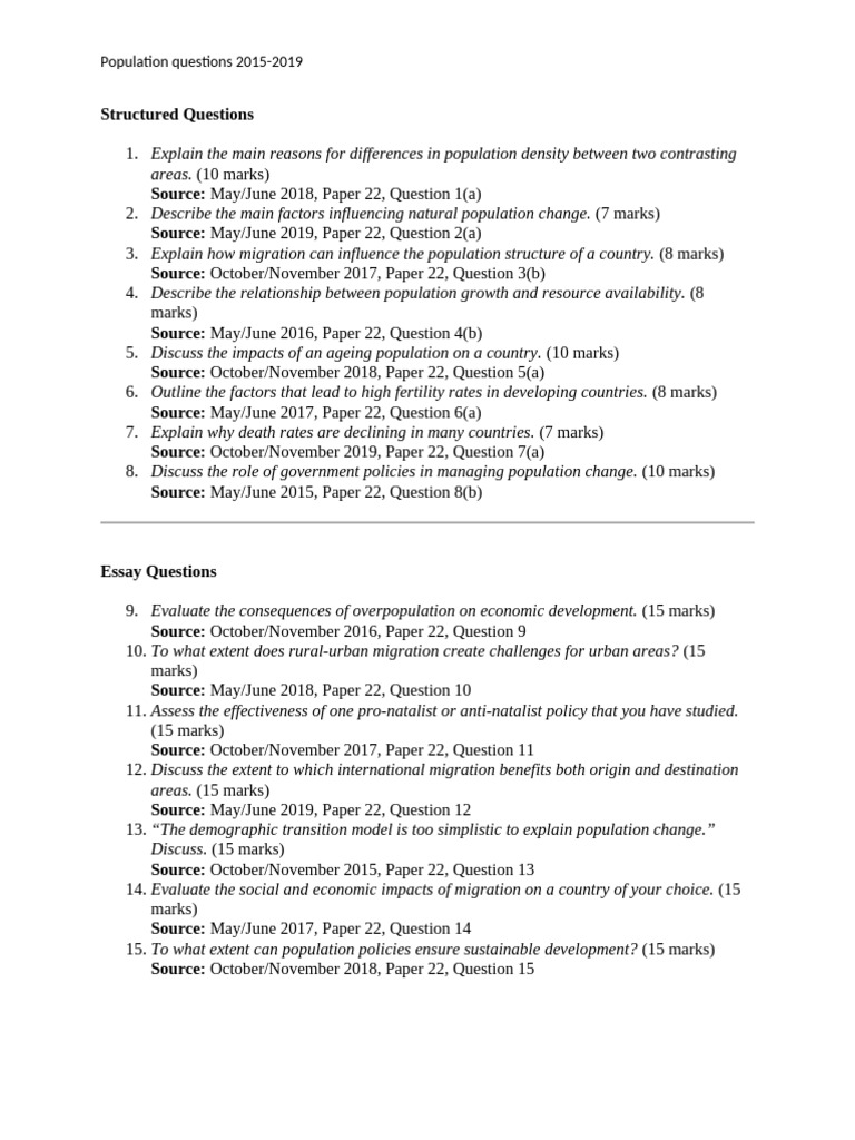 Population Questions 2015-2019 Analysis | PDF
