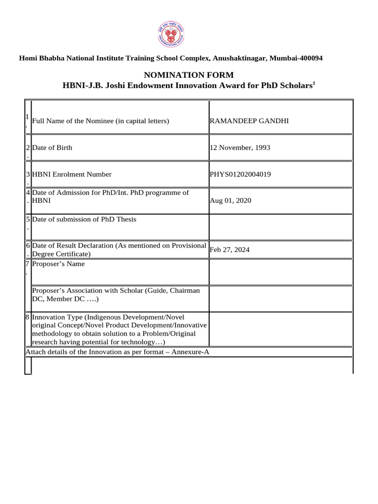 J.B. Joshi Endowment Innovation Award For PHD Scholars | PDF | Doctor ...