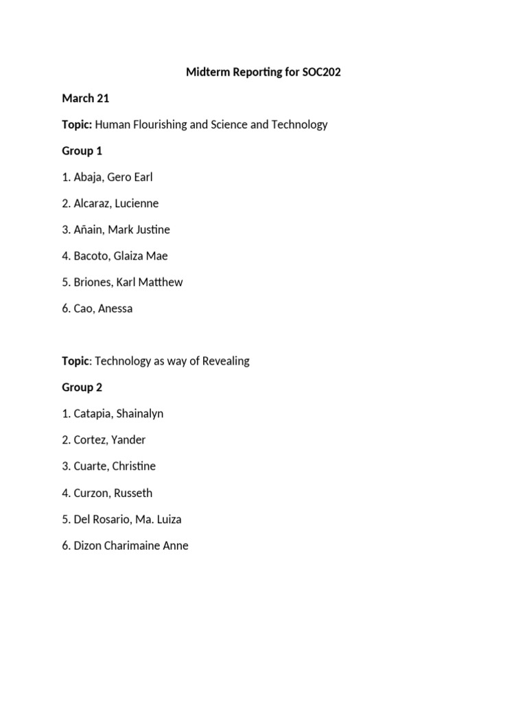 SOC202 Midterm Report: Group Topics | PDF