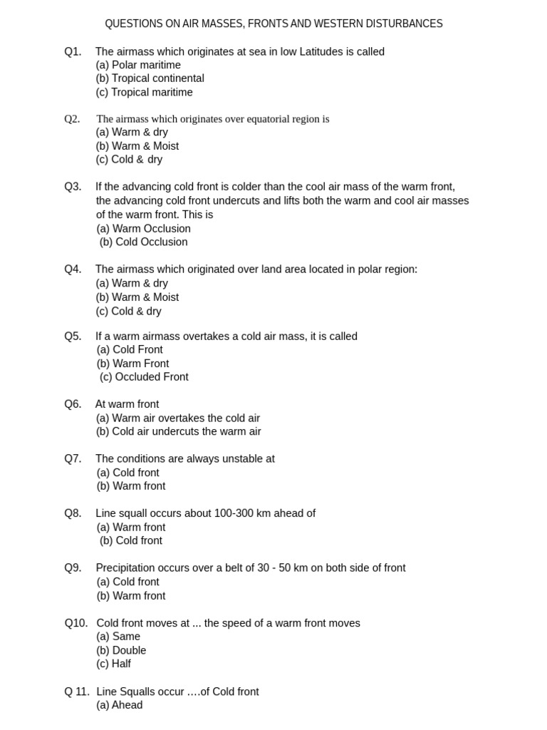 Air Masses and Fronts Quiz Questions | PDF | Cyclone | Natural Disasters