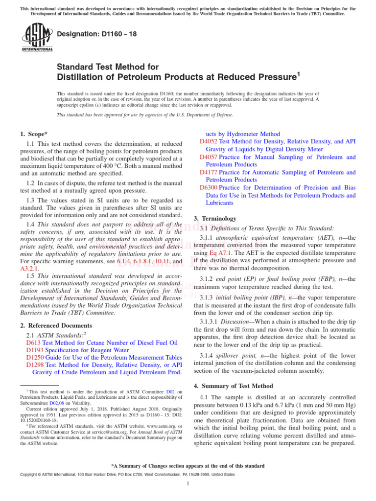 Astm D1160 18 | PDF | Distillation | Pressure Measurement