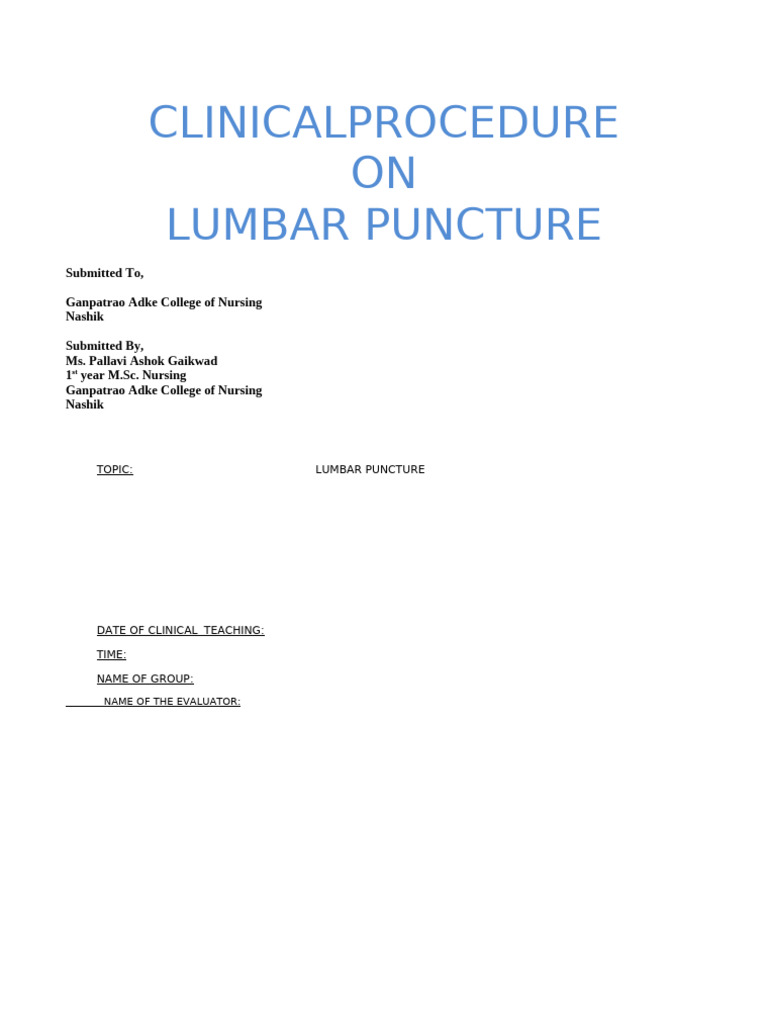 PROCEDURE ON LUMBAR PUNCTURE | PDF | Cerebrospinal Fluid | Meningitis