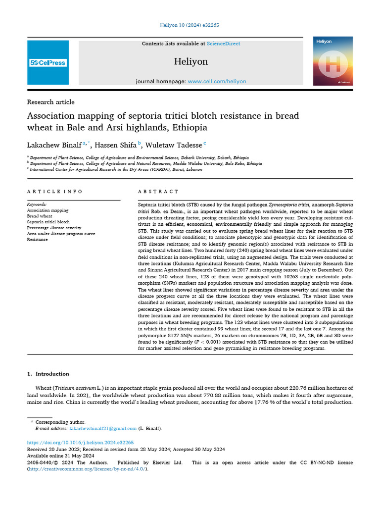 Association Mapping of Septoria Tritici Blotch Resistance in Bread ...