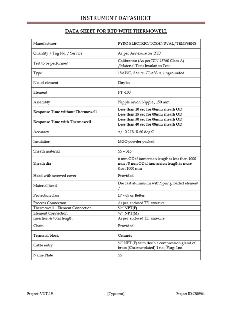 VNT-19 RTD Thermowell Datasheet | PDF