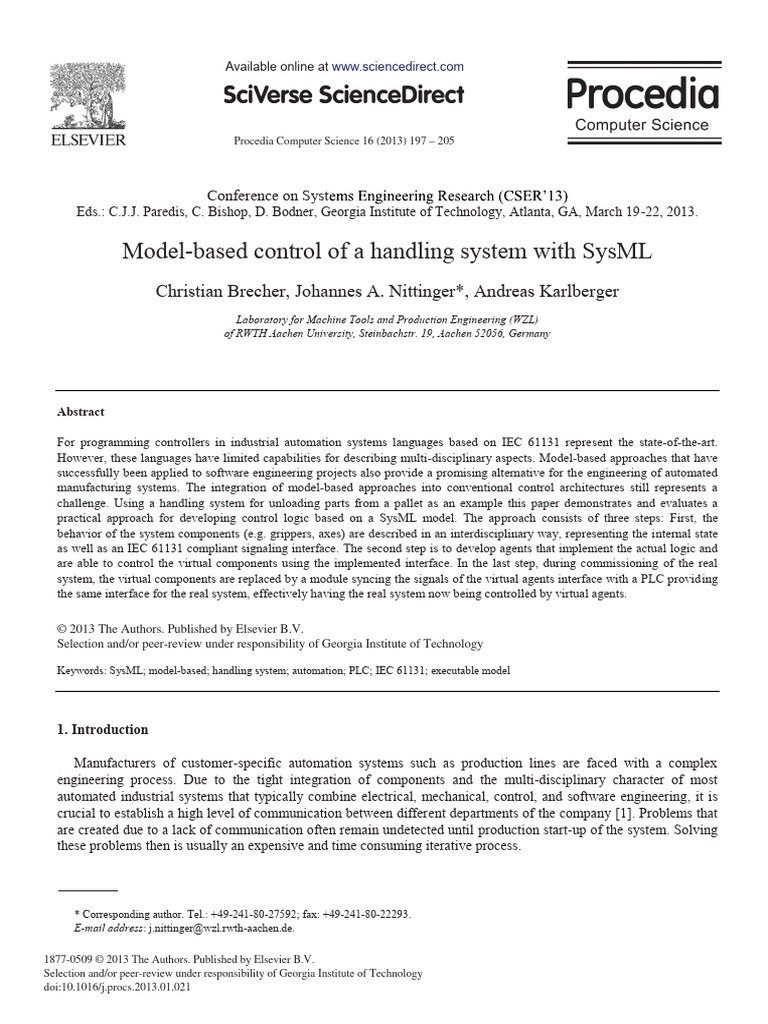 Model-based control of a handling system with SysML | PDF | Programmable Logic Controller | System