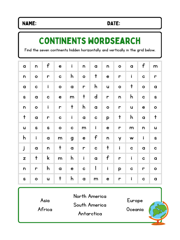 Countries and Continents Wordsearch Worksheet Pack in Simple Bold Style ...