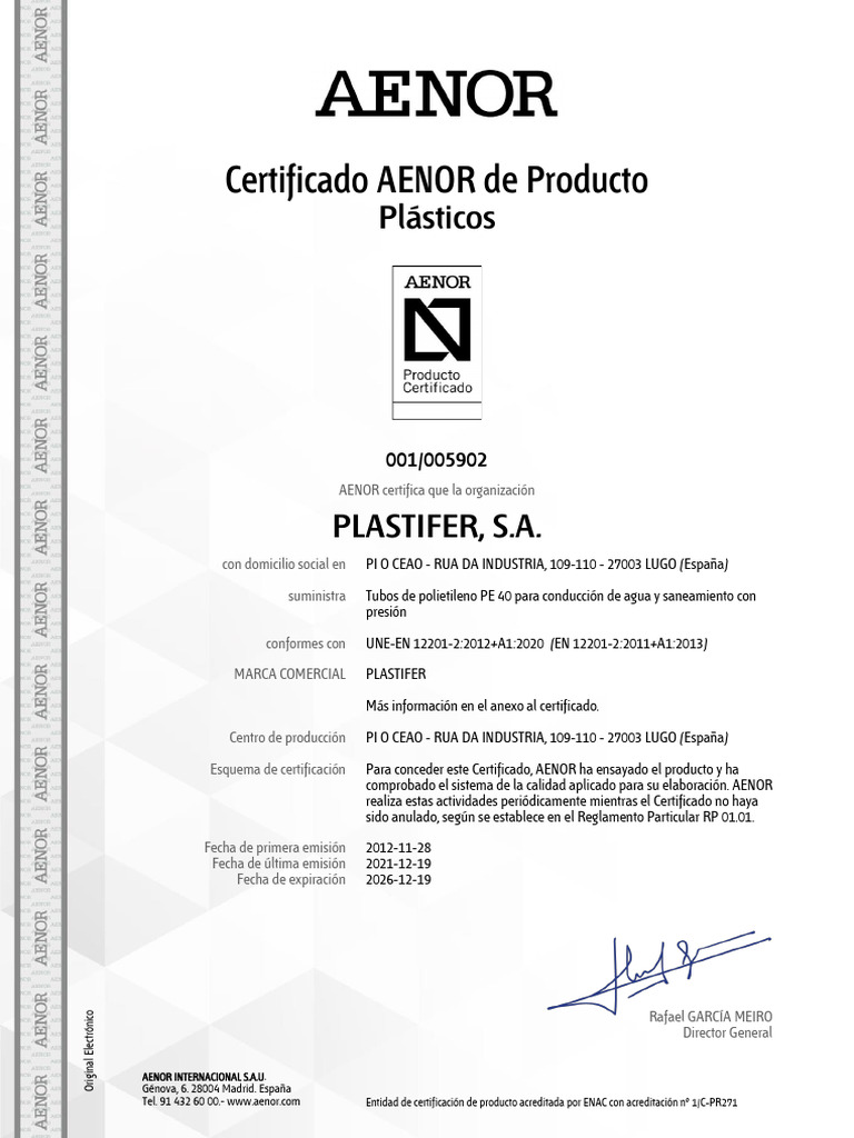 Certificación AENOR de Plastifer S.A. | PDF