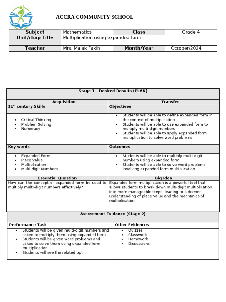 Expanded Form Multiplication for Grade 4 | PDF | Multiplication | Thought