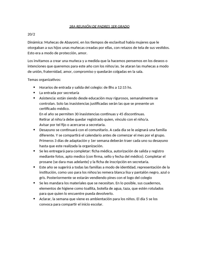 Reunión de Padres 1er Grado: Detalles Clave | PDF