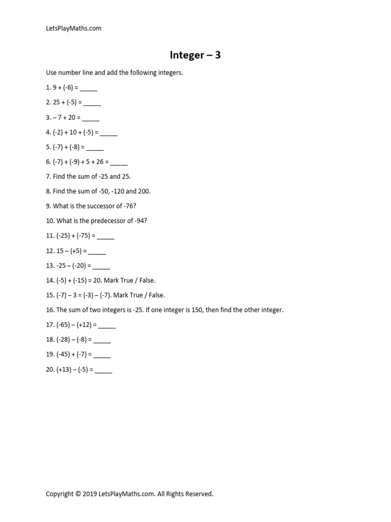 Integer Worksheet - 3 | PDF