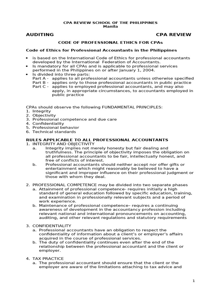 CPA Ethics and Auditing Standards Philippines | PDF | Certified Public ...