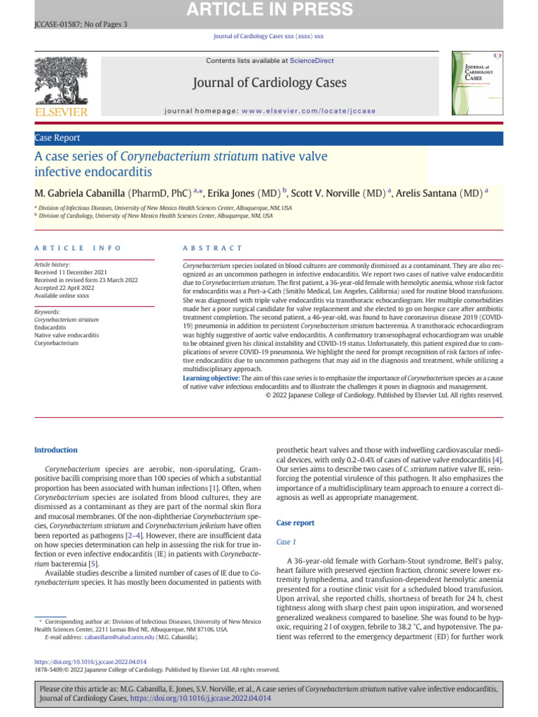 Acase Series of Corynebacterium Striatum Native Valve Infective ...