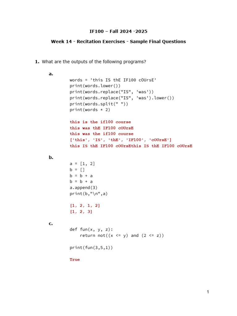 IF100 Week14 Final-Sample Solutions | PDF | Text File | Computer Science