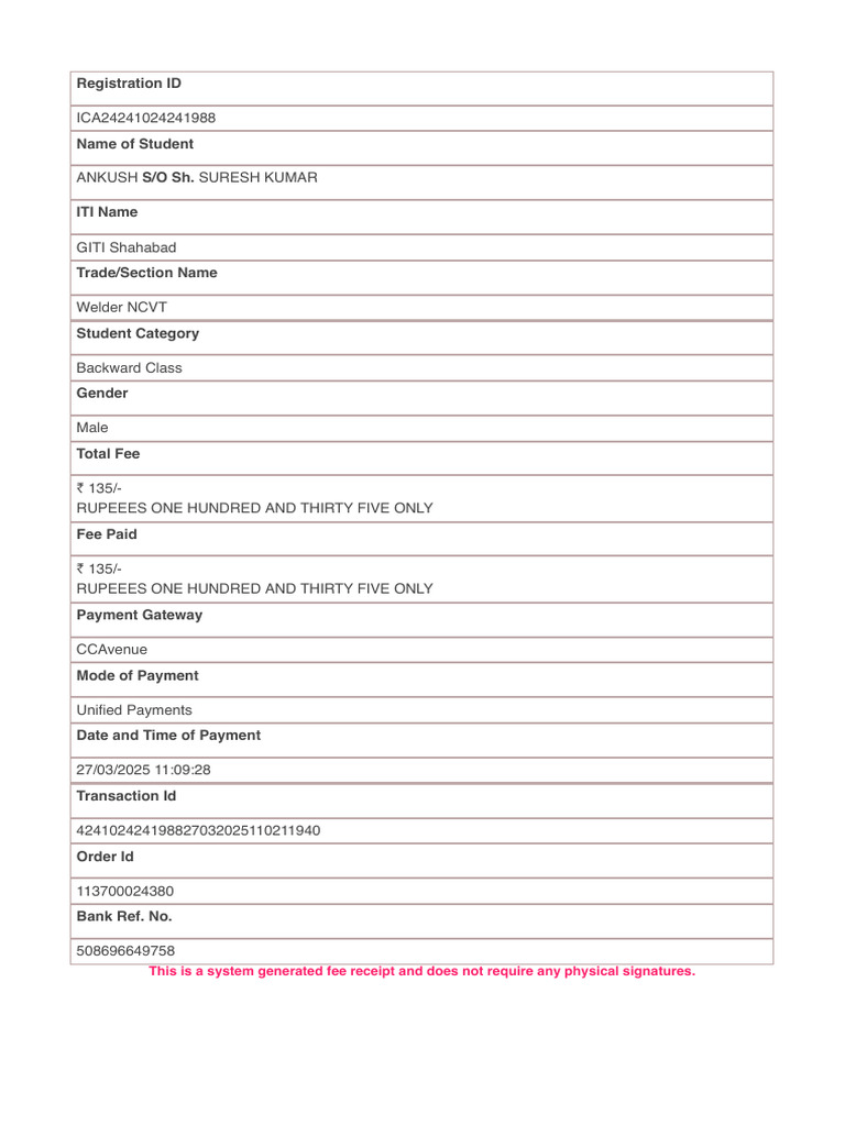 ITI Fee Receipt for Welder Course | PDF