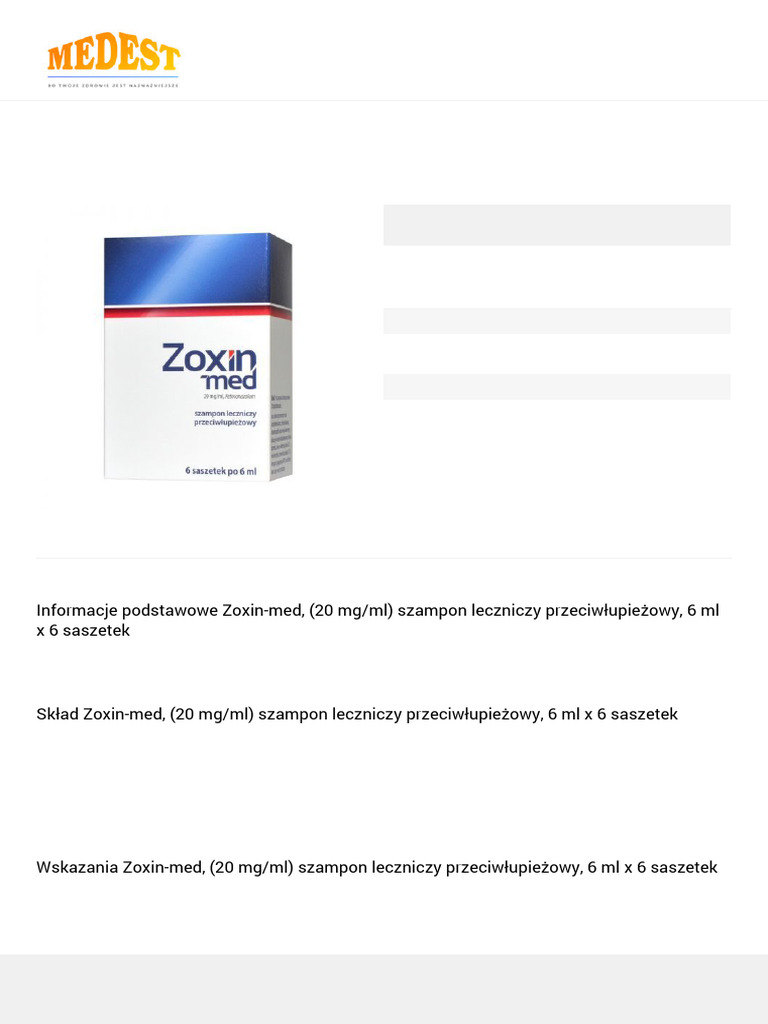 Zoxin Med 20 MG ML Szampon Leczniczy Przeciwlupiezowy 6 ML X 6 Saszetek ...