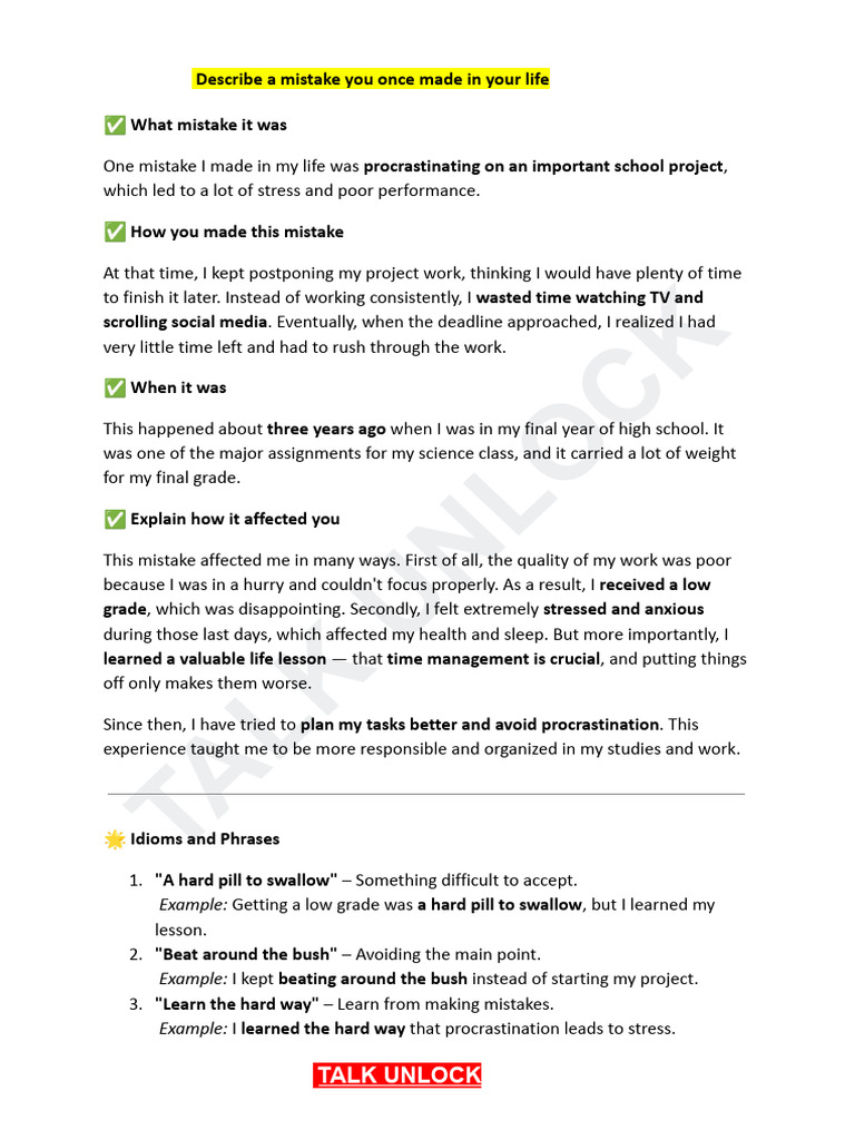 IELTS Cue Card - Describe A Mistake You Once Made in Your Life | PDF | Procrastination ...