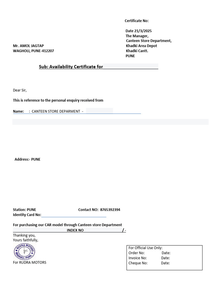 Availibilty Certificate 67 | PDF