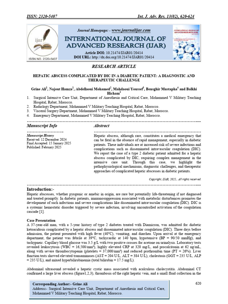 Hepatic Abscess Complicated by Dic in A Diabetic Patient: A Diagnostic ...