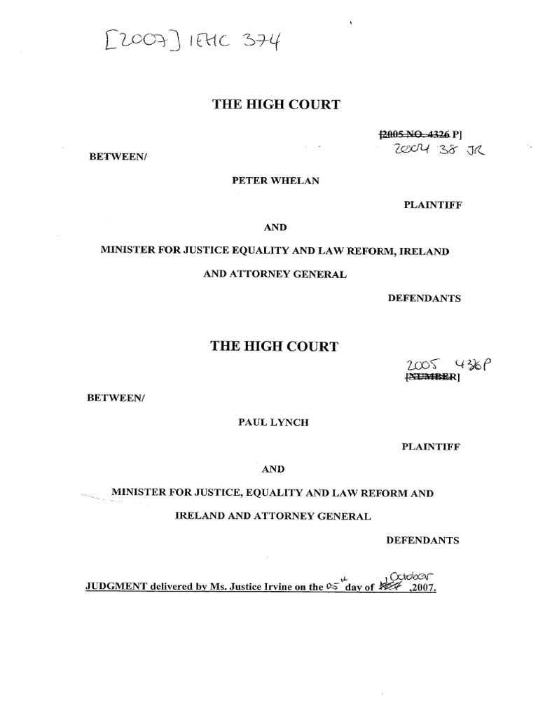 Peter Whelan V The Minister For Justice Equality and Law Ref | PDF