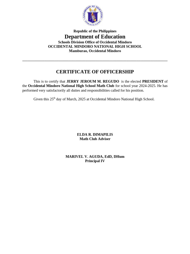 Certificate of Officership for President | PDF