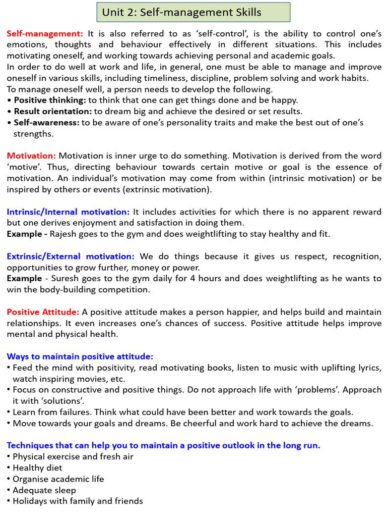 Unit 2 Self Management Skills | PDF | Personality Disorder | Motivation