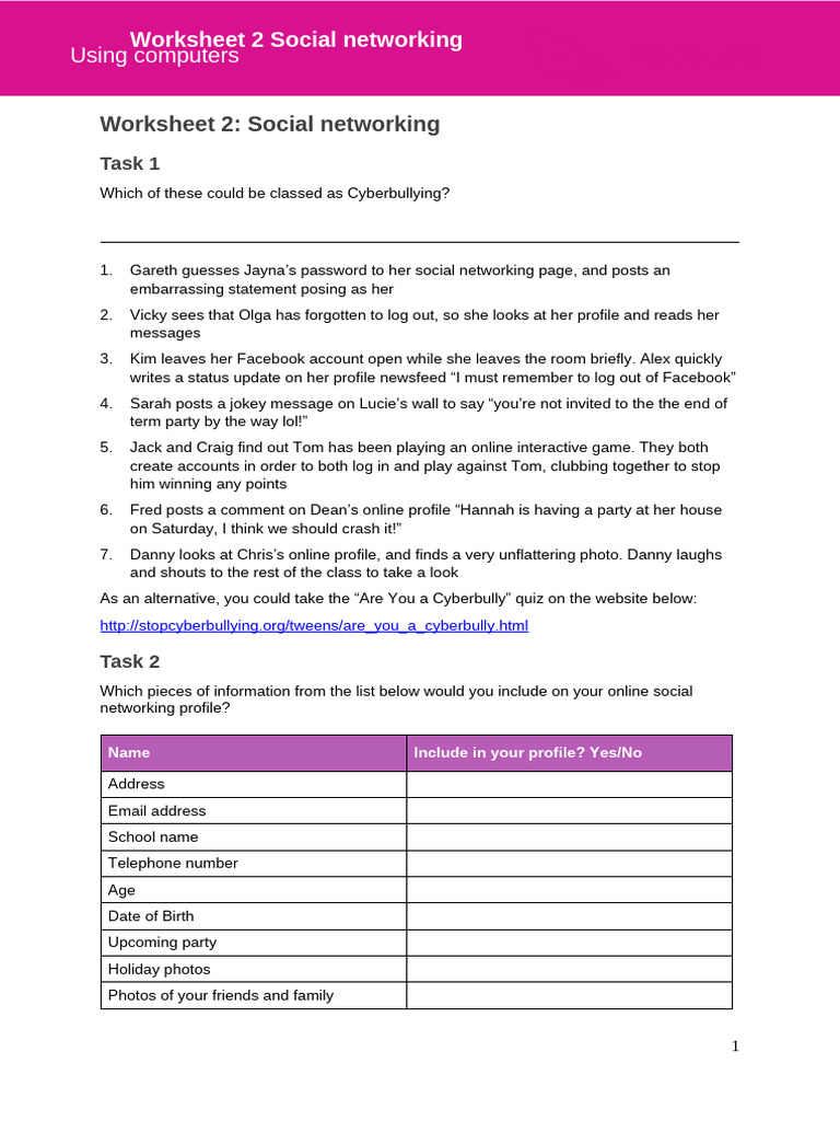 Ben Wilson - Copy of UCSER Worksheet 2 Social Networking | PDF