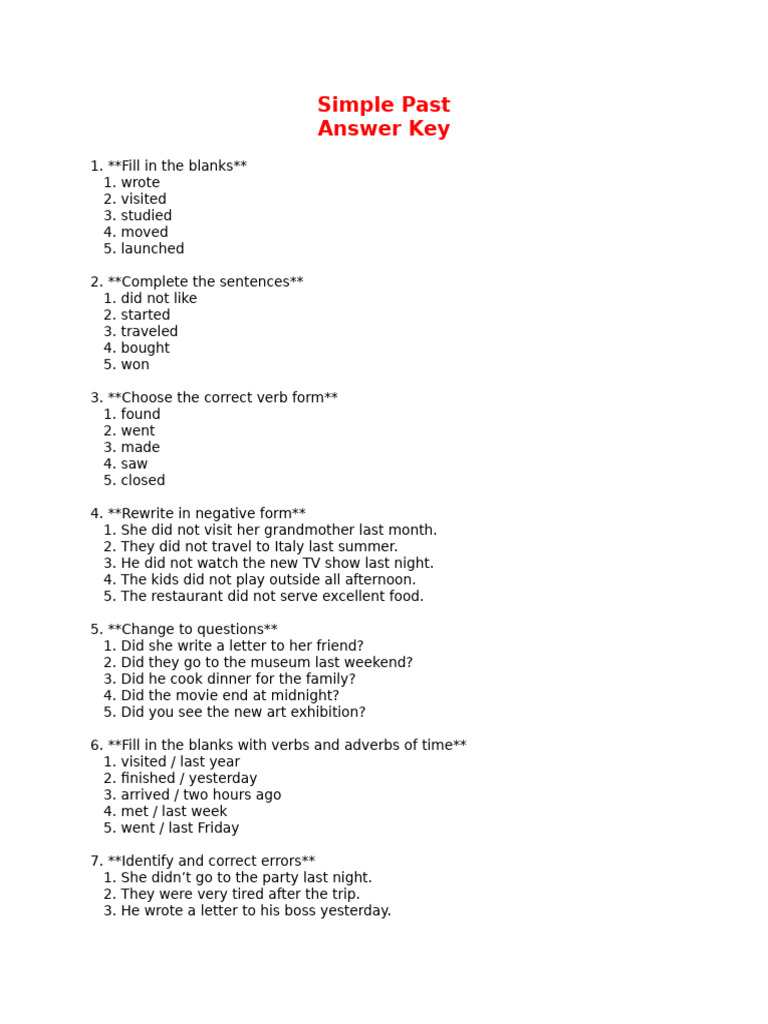 Simple Past ANSWER KEY | PDF