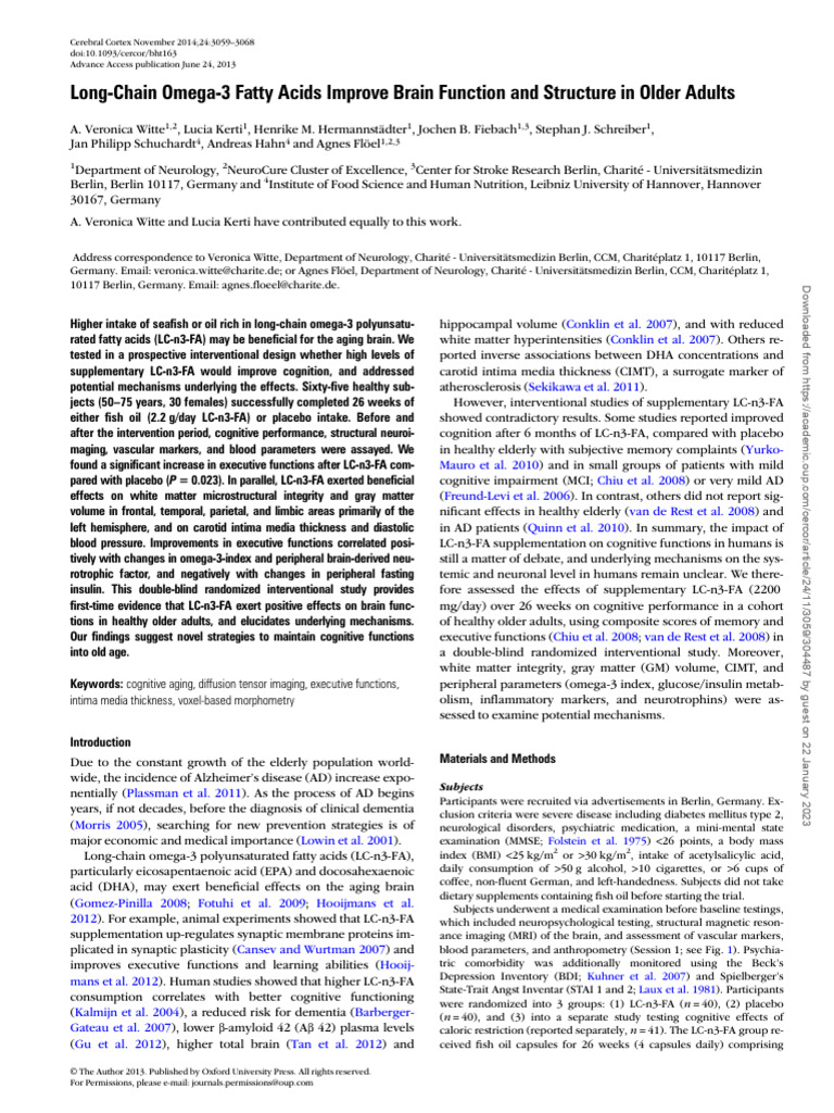 Long Chain Omega 3 Fatty Acids Improve Brain Function and Structure in Older Adults | PDF ...