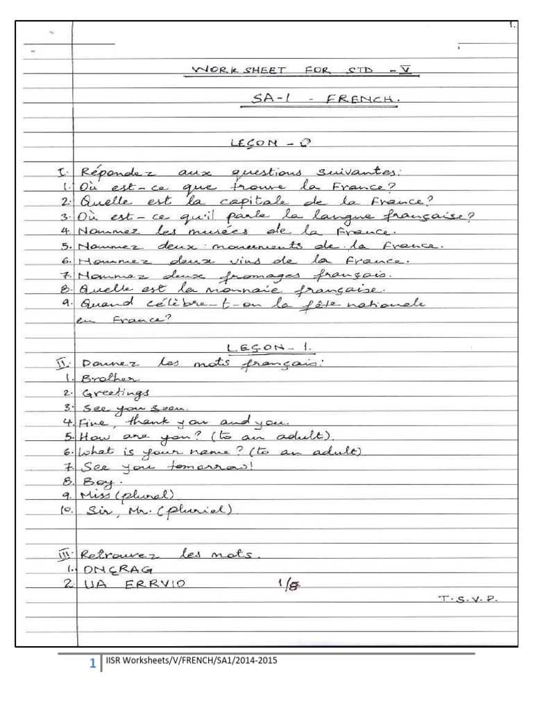 CBSE Class 5 French Worksheet | PDF