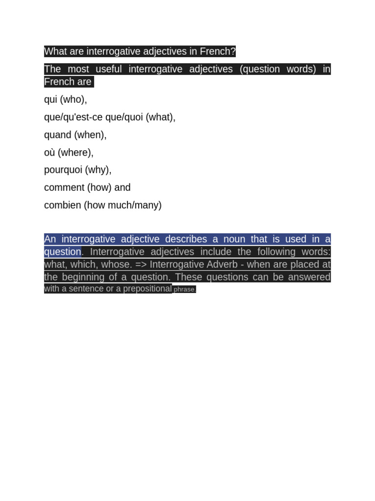 What Are Interrogative Adjectives in French | PDF