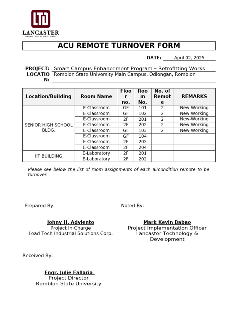ACU REMOTE TURNOVER FORM | PDF