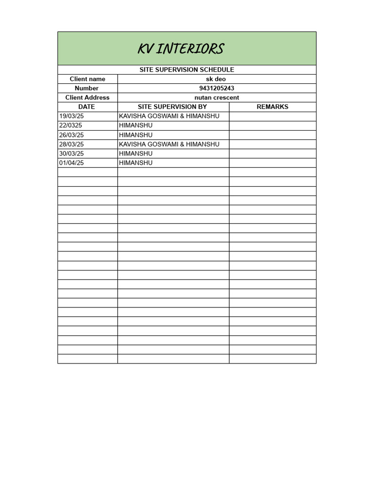 KV Interiors Site Supervision Schedule | PDF
