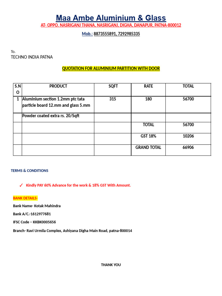 Maa Ambe Aluminium & Glass QUOTATION (1) | PDF