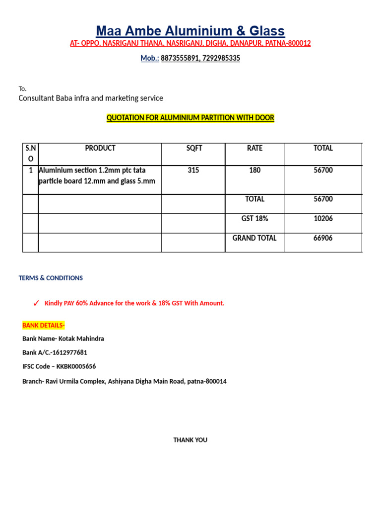 Maa Ambe Aluminium & Glass QUOTATION | PDF