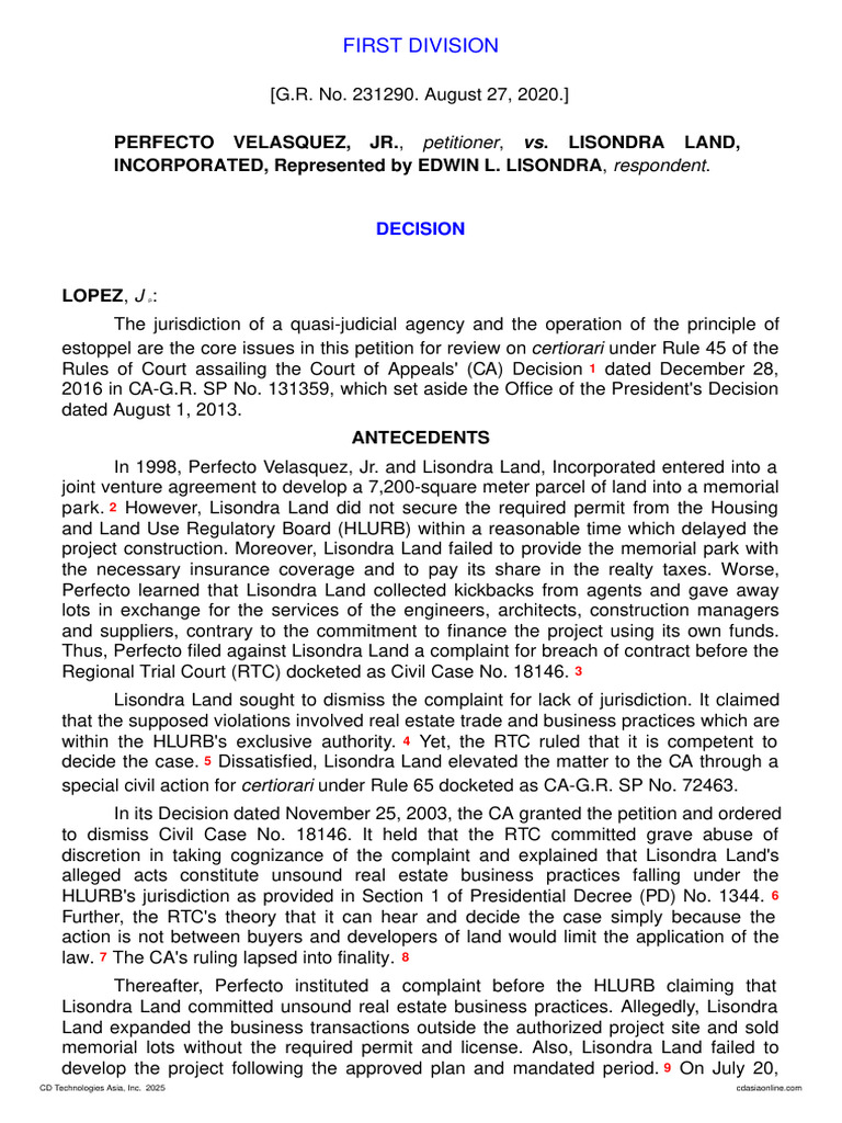 Velasquez, Jr. v. Lisondra Land, Inc. | PDF | Jurisdiction | Estoppel