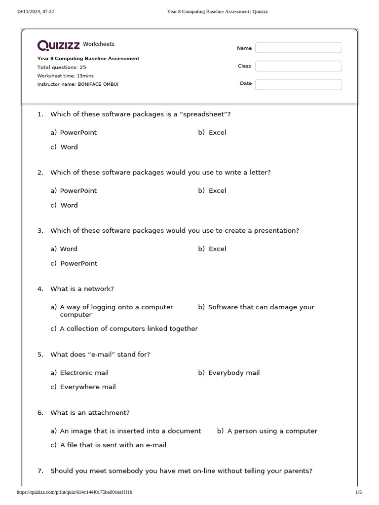 Year 8 Computing Baseline Assessment - Quizizz | PDF | Computer Network | Microsoft Excel
