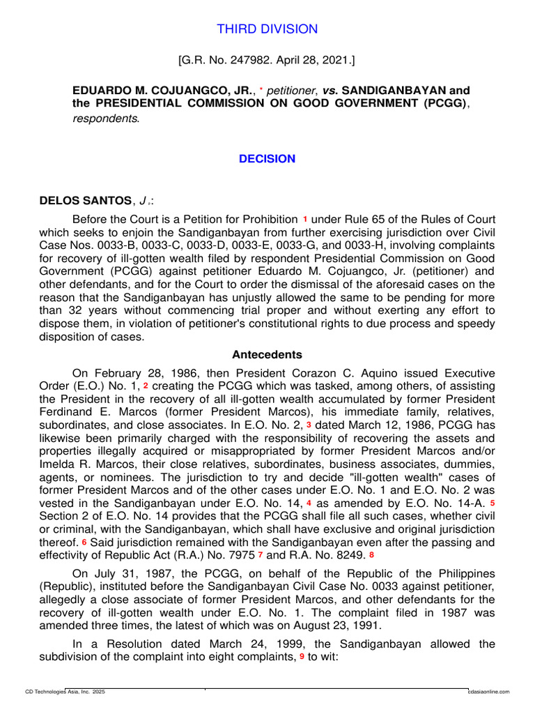Cojuangco vs. Sandiganbayan Case Delay | PDF | Writ Of Prohibition ...