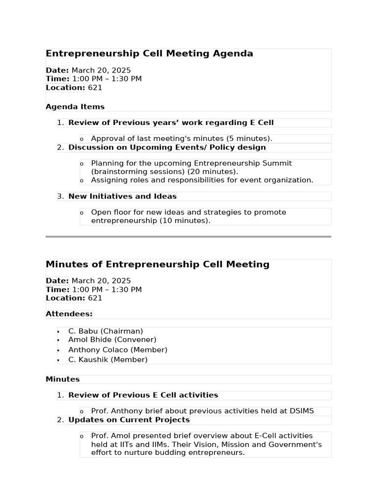 Entrepreneurship Cell Meeting Agenda | PDF