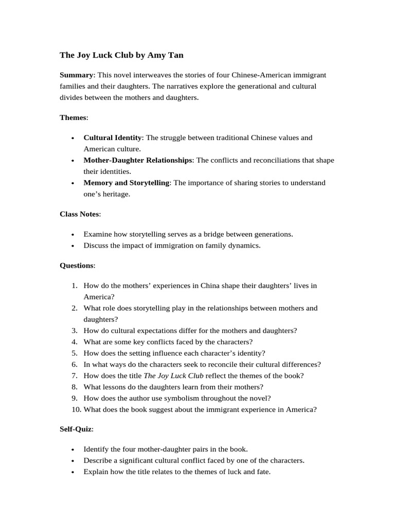 The Joy Luck Club by Amy Tan | PDF