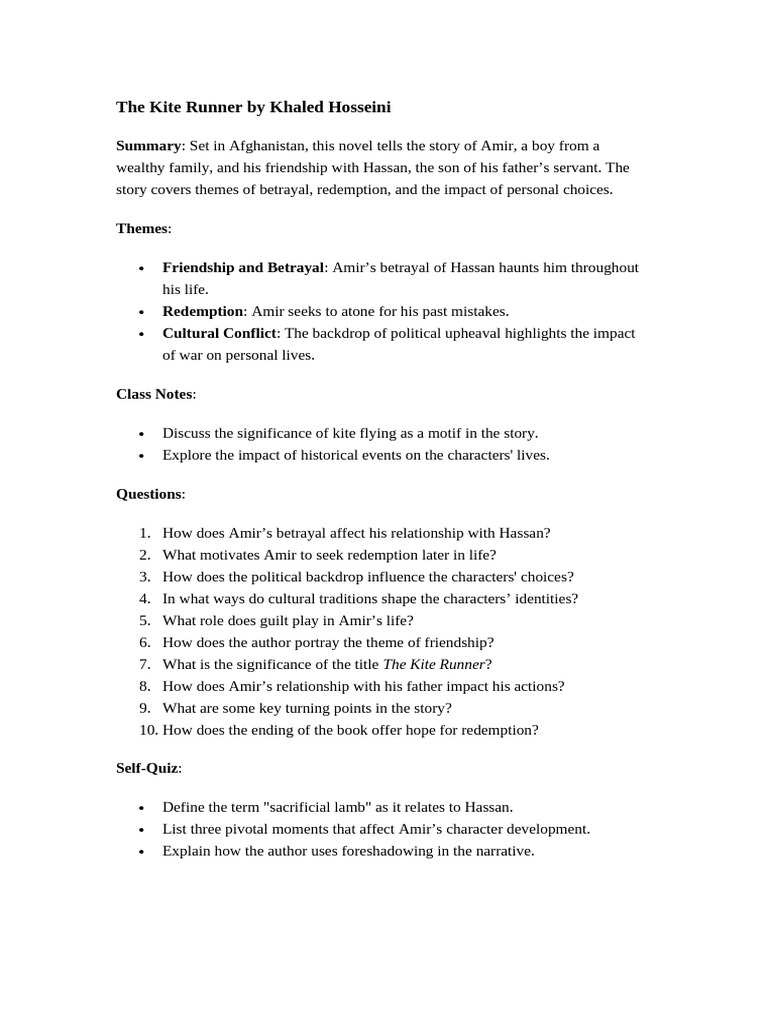 The Kite Runner: Themes and Analysis | PDF