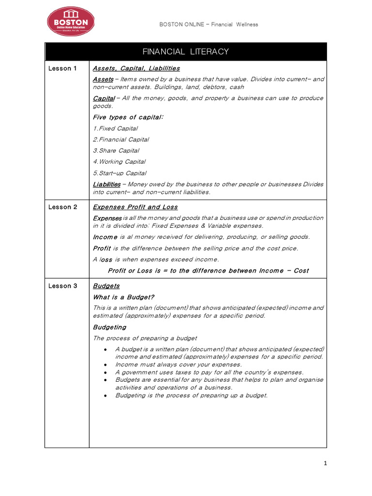 1.lesson Plan - Financial Literacy | PDF | Cost Of Living | Expense