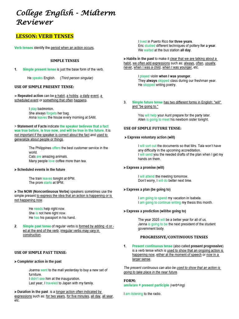 College English Midterm: Verb Tenses Guide | PDF | Grammatical Tense ...